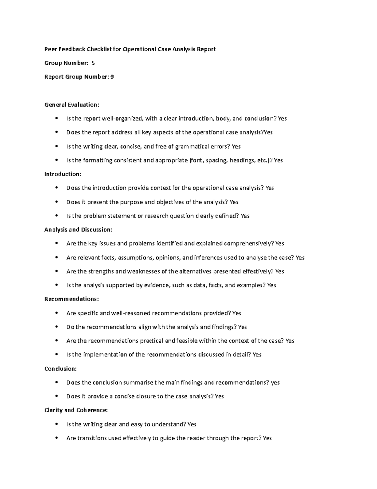 Checklist for Case Analysis Report - Peer Feedback Checklist for ...