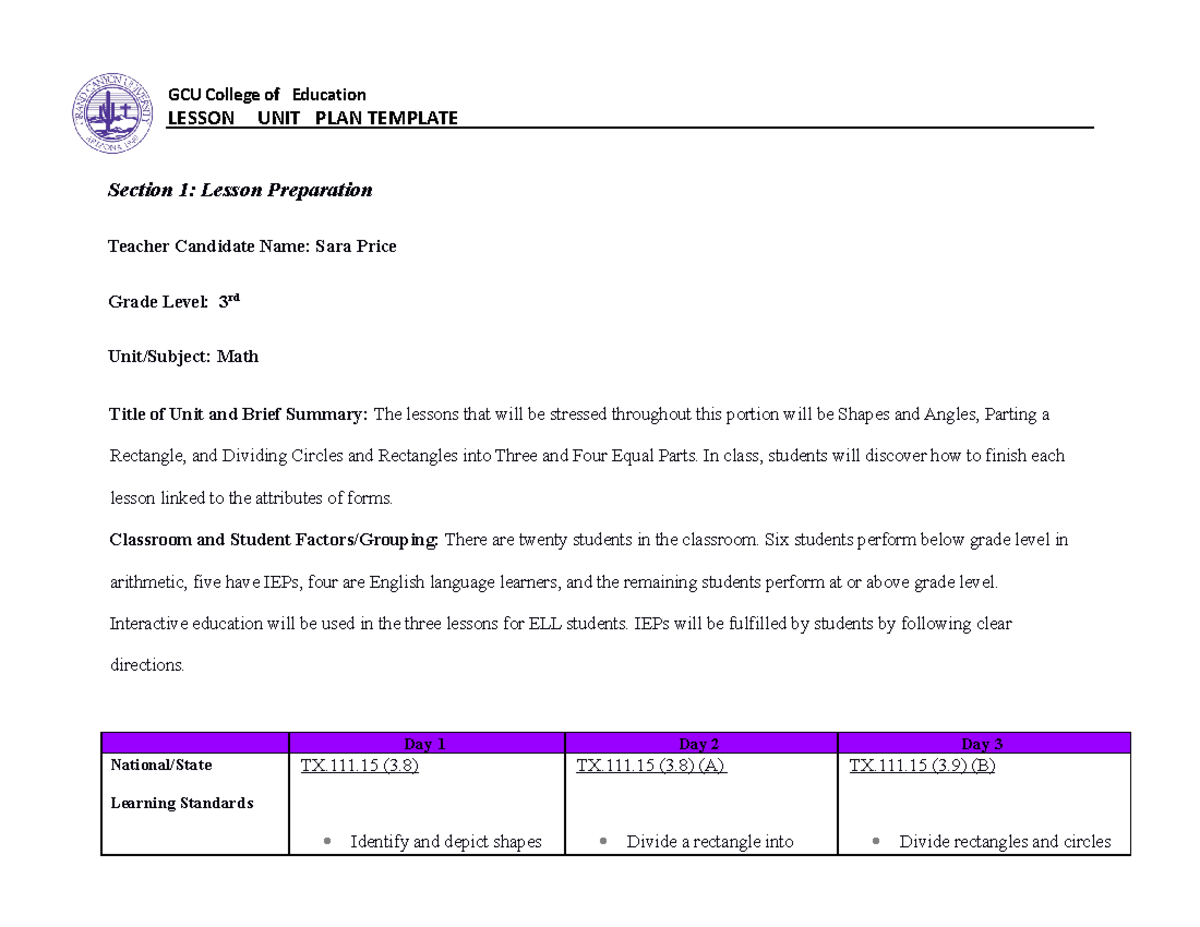 Benchmark Math - Section 1: Lesson Preparation Teacher Candidate Name ...