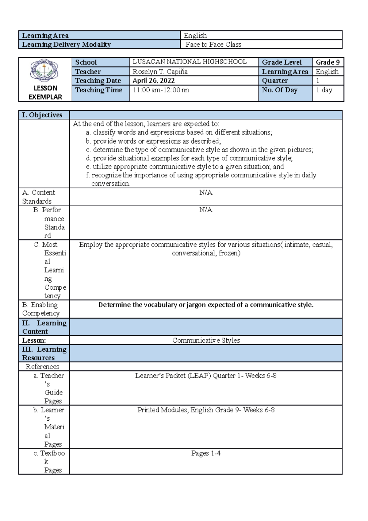Detailed Lesson Exemplar Grade 9 Capina Roselyn - Learning Area English ...
