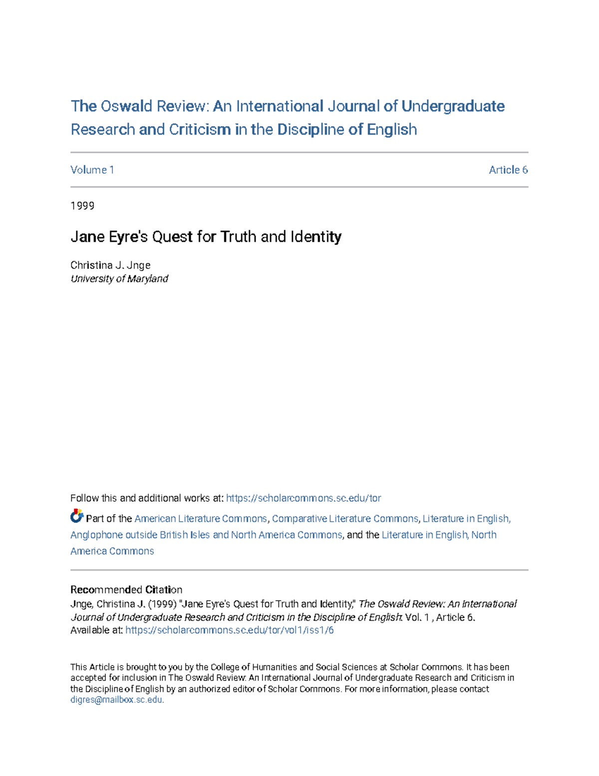 Jane Eyres Quest for Truth and Identity, ankita - The Oswald Review: An ...