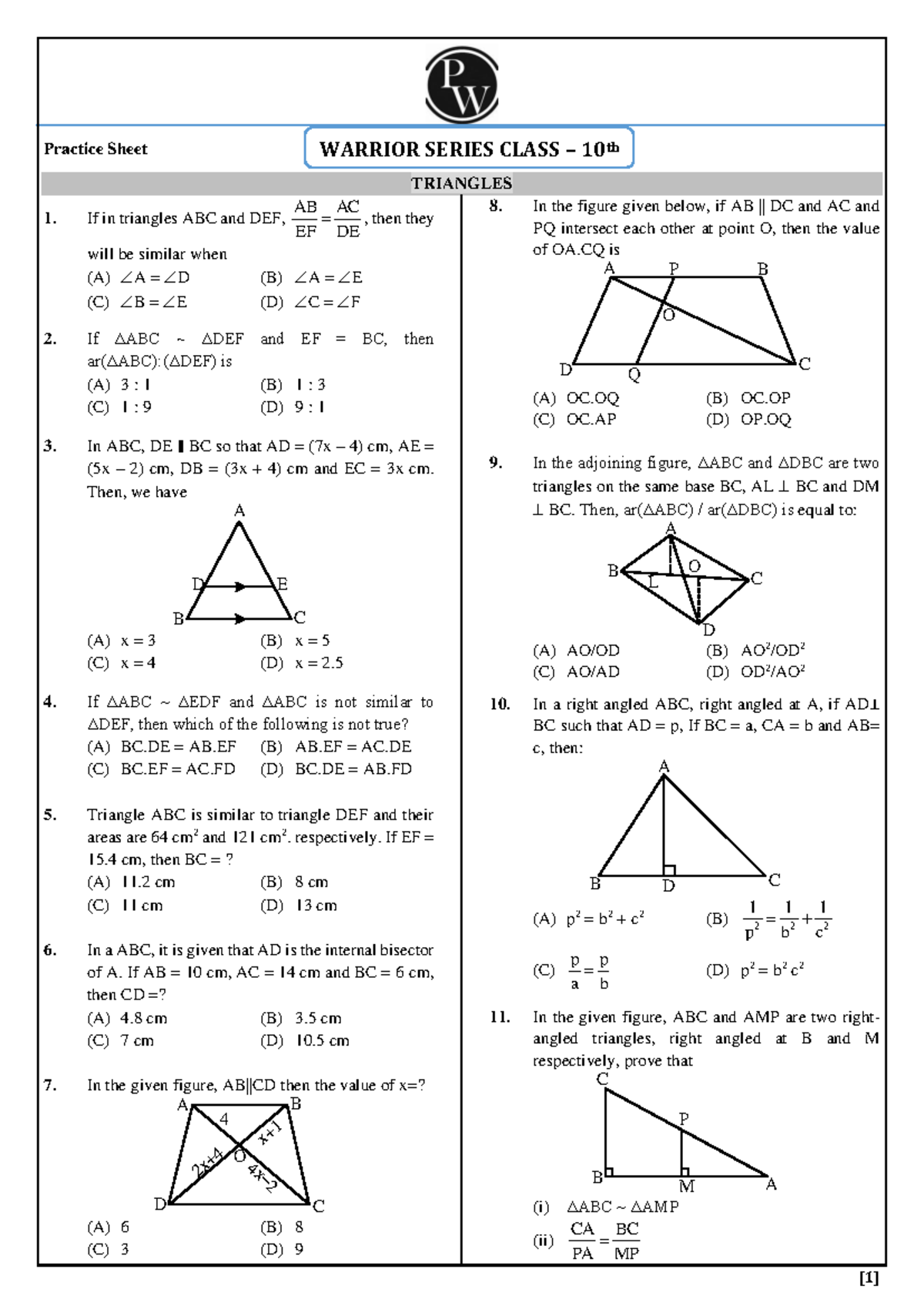 Triangles Practice Sheet Warrior Series Class-10TH - Practice Sheet ...