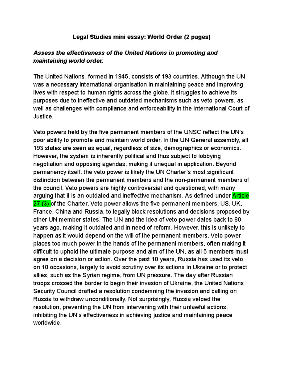 Legal Studies mini essay World Order (2 pages) - The United Nations ...