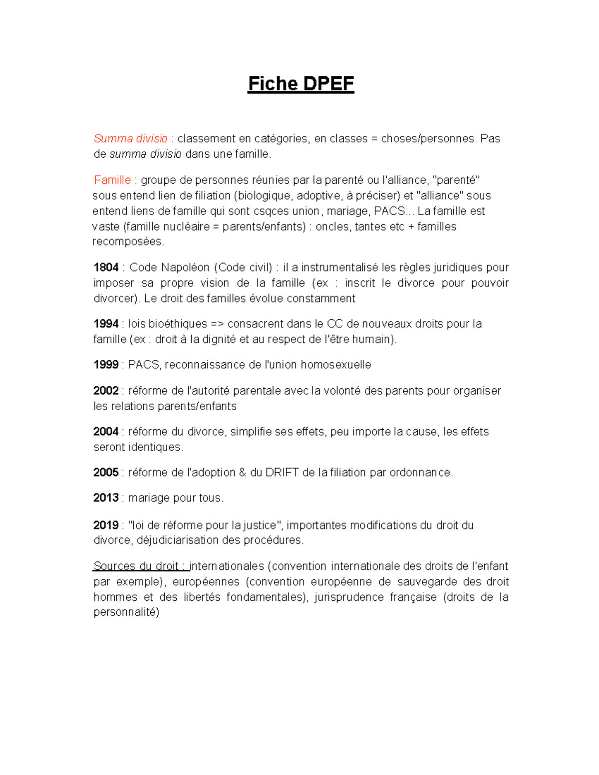 Fiches droit de la famille - Fiche DPEF Summa divisio : classement en ...