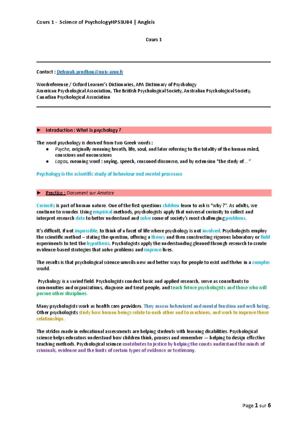 CM1 d'anglais - L2 psychologie - Cours 1 Contact : Deborah@univ-amu ...