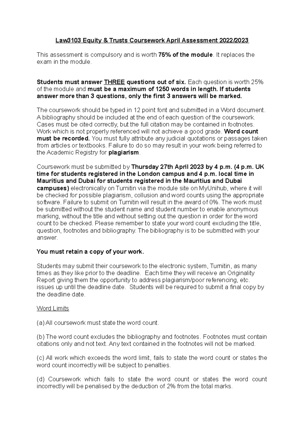 Equity Final Questions - Law3103 Equity & Trusts Coursework April ...
