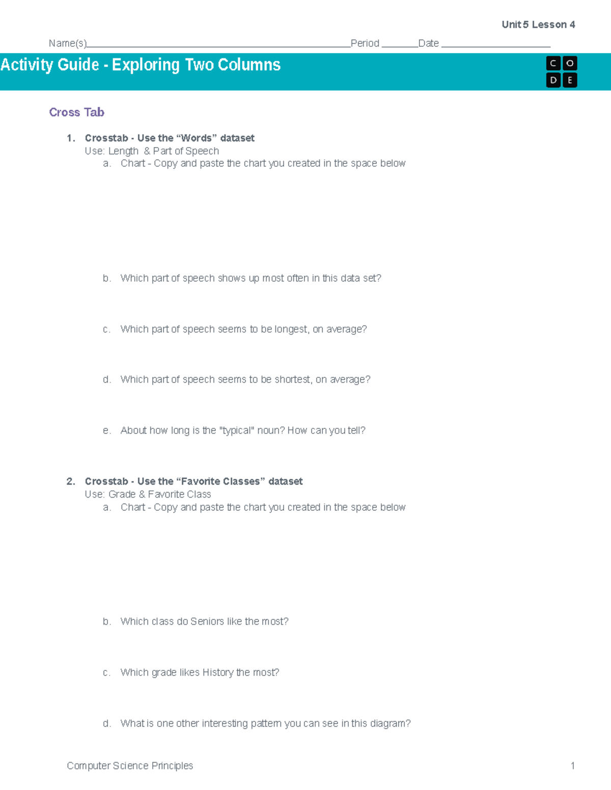 Activity Guide - Exploring Two Columns - Unit 5 Lesson 4 - Unit 5 Lesson 4 Computer Science ...