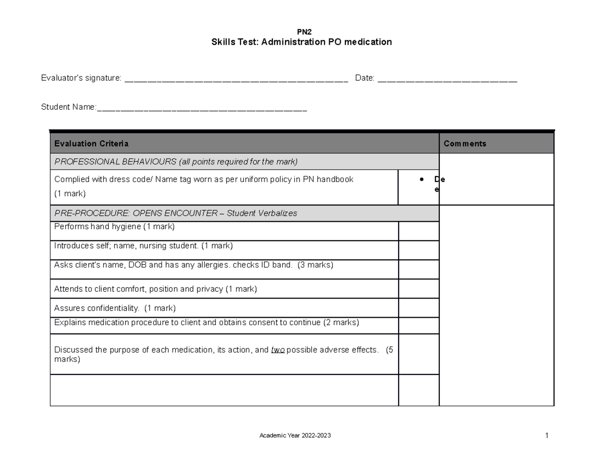 Rubric - PO Medication -final - PN Skills Test: Administration PO ...