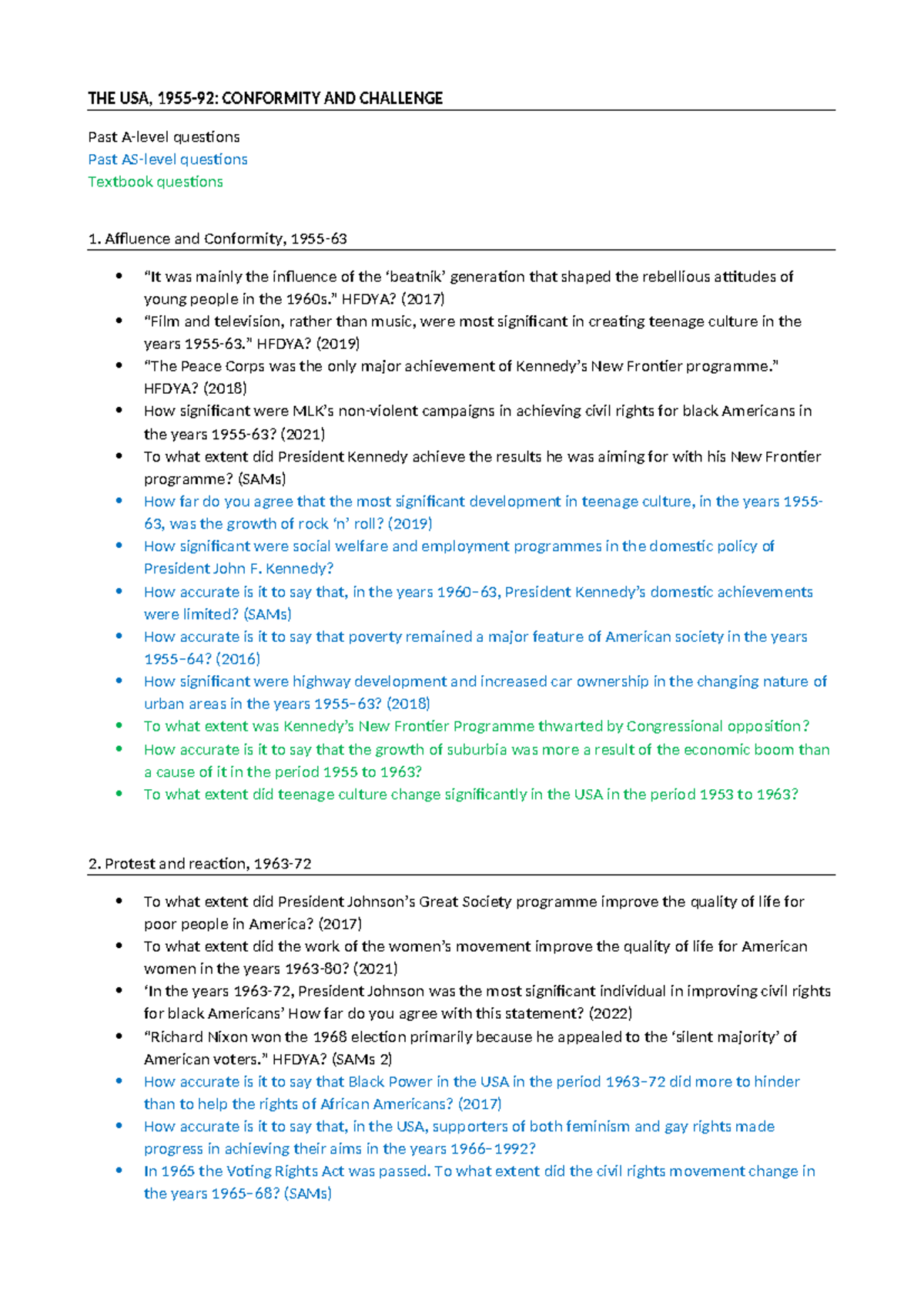 USA Collated Exam Questions - THE USA, 1955-92: CONFORMITY AND ...