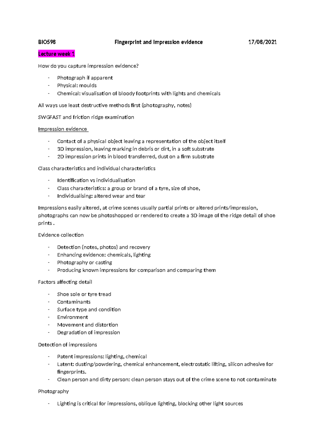 BIO598 lecture 1-4 - BIO598 Fingerprint and impression evidence 17/08 ...
