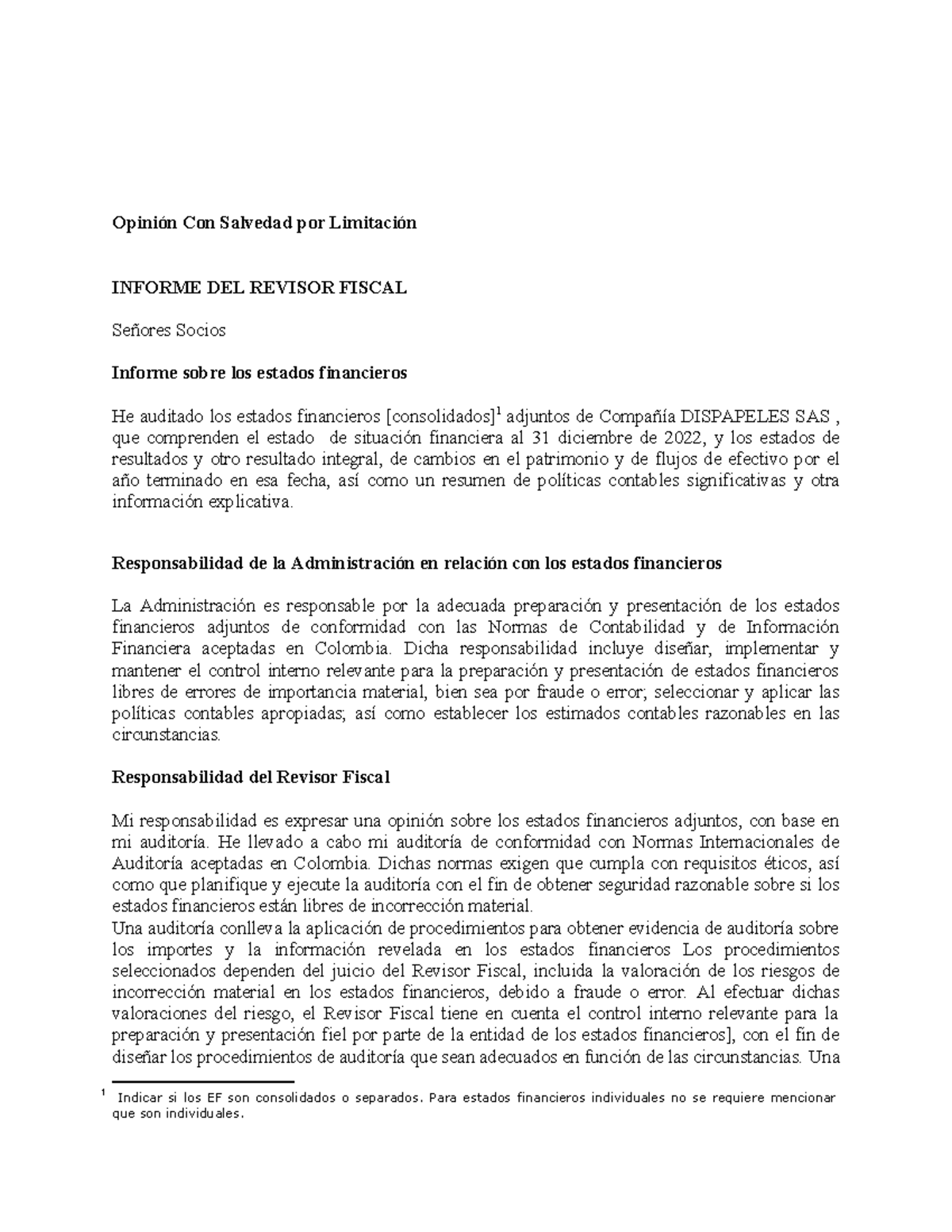 Informe revisoría opinión con salvedades - Opinión Con Salvedad por ...