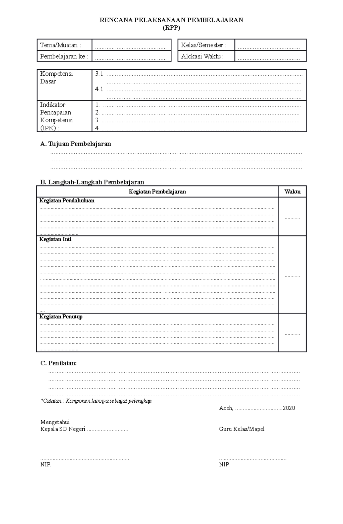 Format RPP K13 Tahun 2020 - 2 - RENCANA PELAKSANAAN PEMBELAJARAN (RPP ...