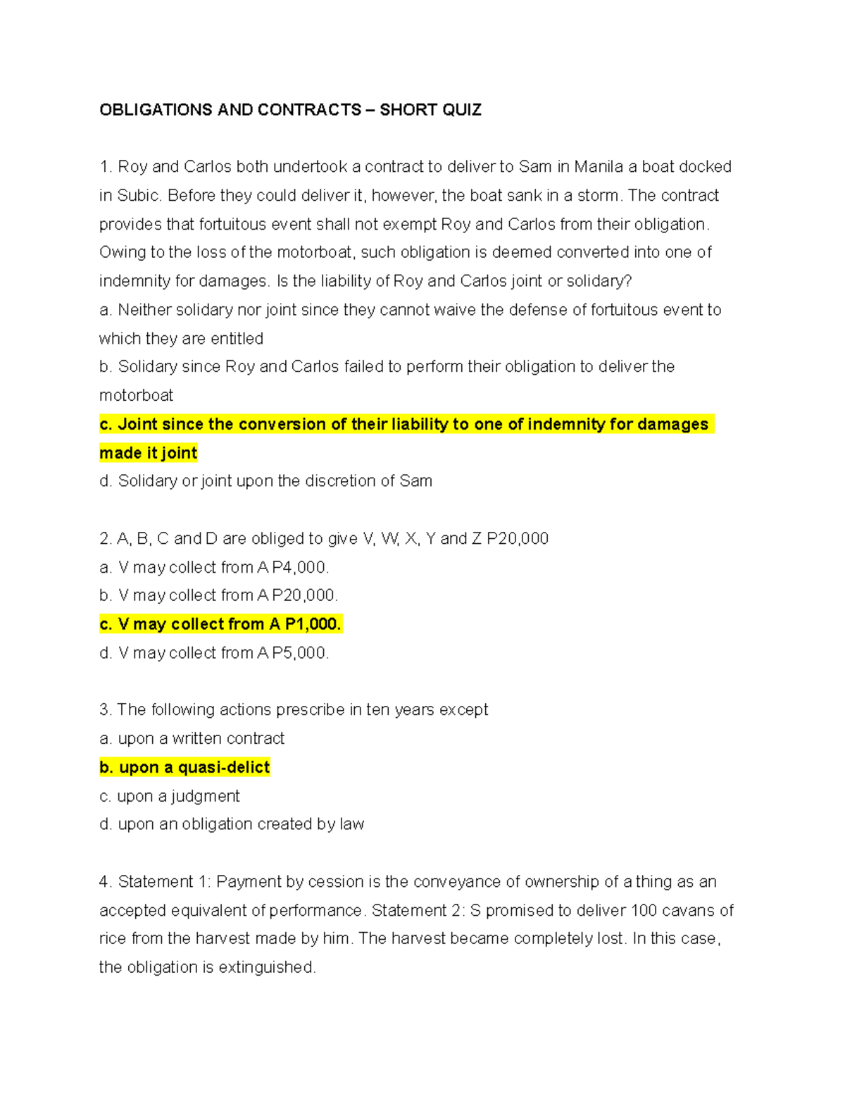 Obligations AND Contracts – Short QUIZ - OBLIGATIONS AND CONTRACTS – SHORT QUIZ Roy and Carlos ...