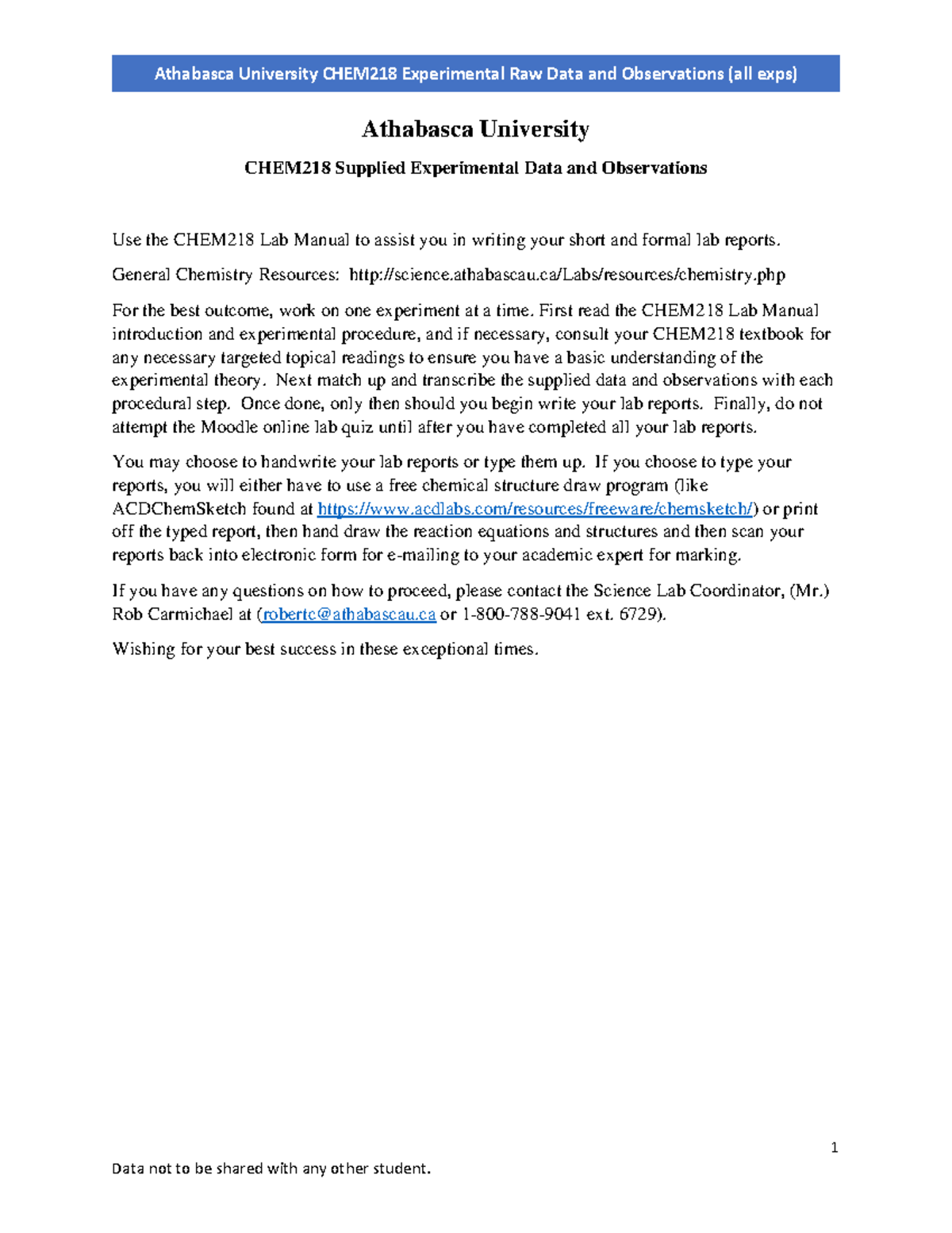 CHEM218Experimental Raw Data yes it is mother - 1 Athabasca University CHEM218 Supplied - Studocu
