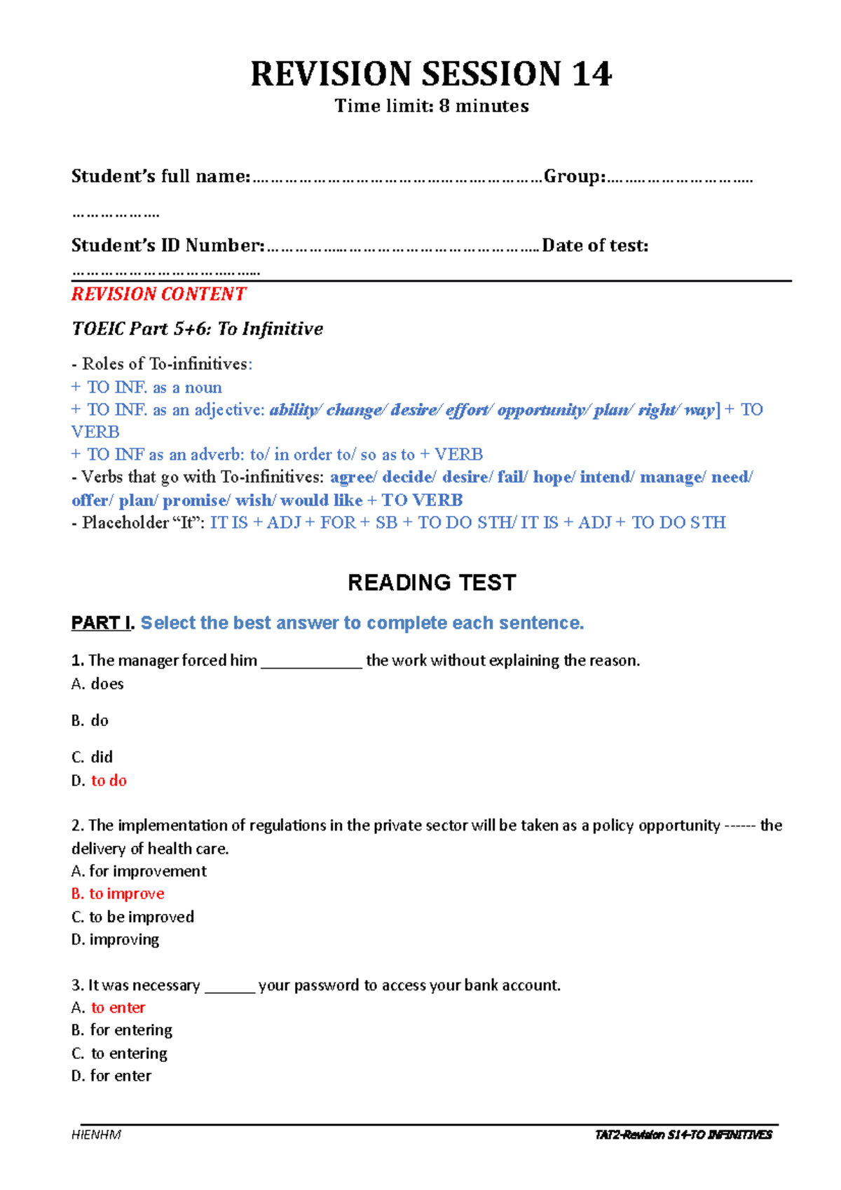TAT2-S12-To-Infinitive- Redkey - REVISION SESSION 14 Time limit: 8 ...