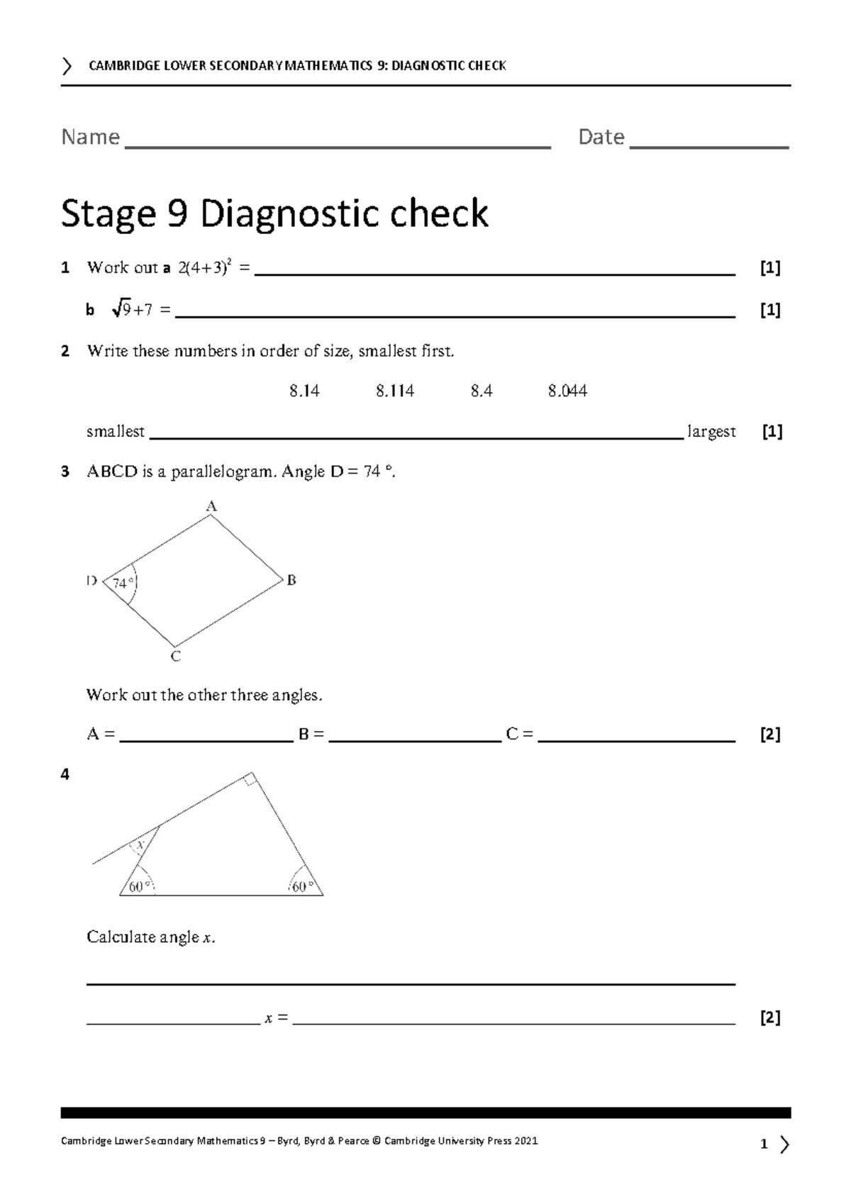 Ls maths 9 2ed tr diagnostic check - Name Date Stage 9 Diagnostic check ...