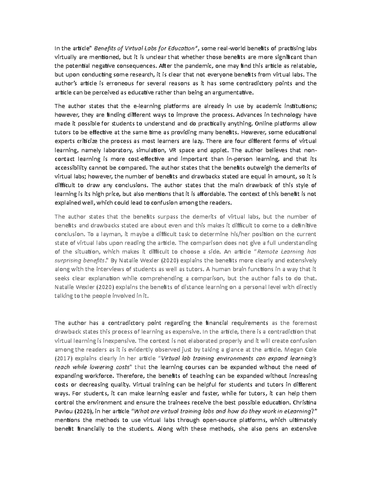Final Essay - In the article” Benefits of Virtual Labs for Education ...