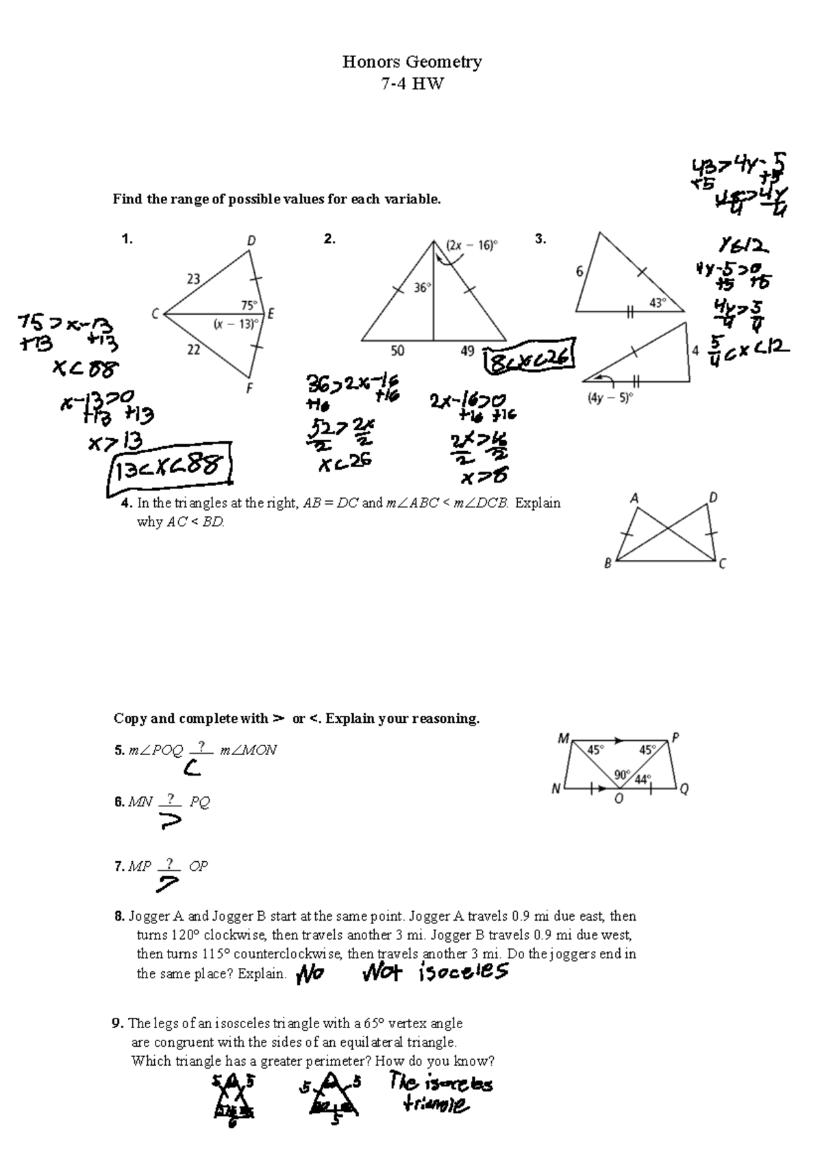 7-4+HW - work - Honors Geometry 7 - 4 HW Find the range of possible values for each variable. 1 ...
