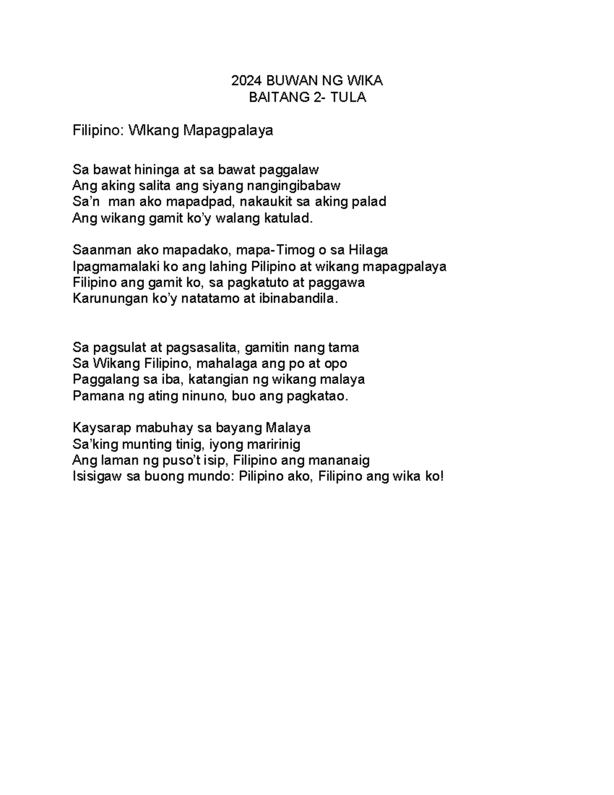 2024 TULA GR-2 Buwan NG WIKA - 2024 BUWAN NG WIKA BAITANG 2- TULA ...