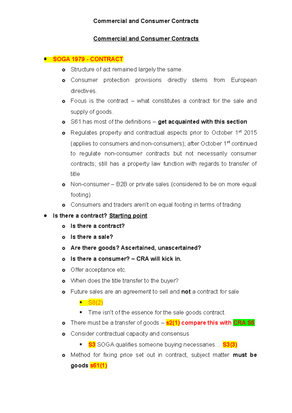 LS3032 - Lecture notes 1-6 - Commercial and Consumer Contracts ...