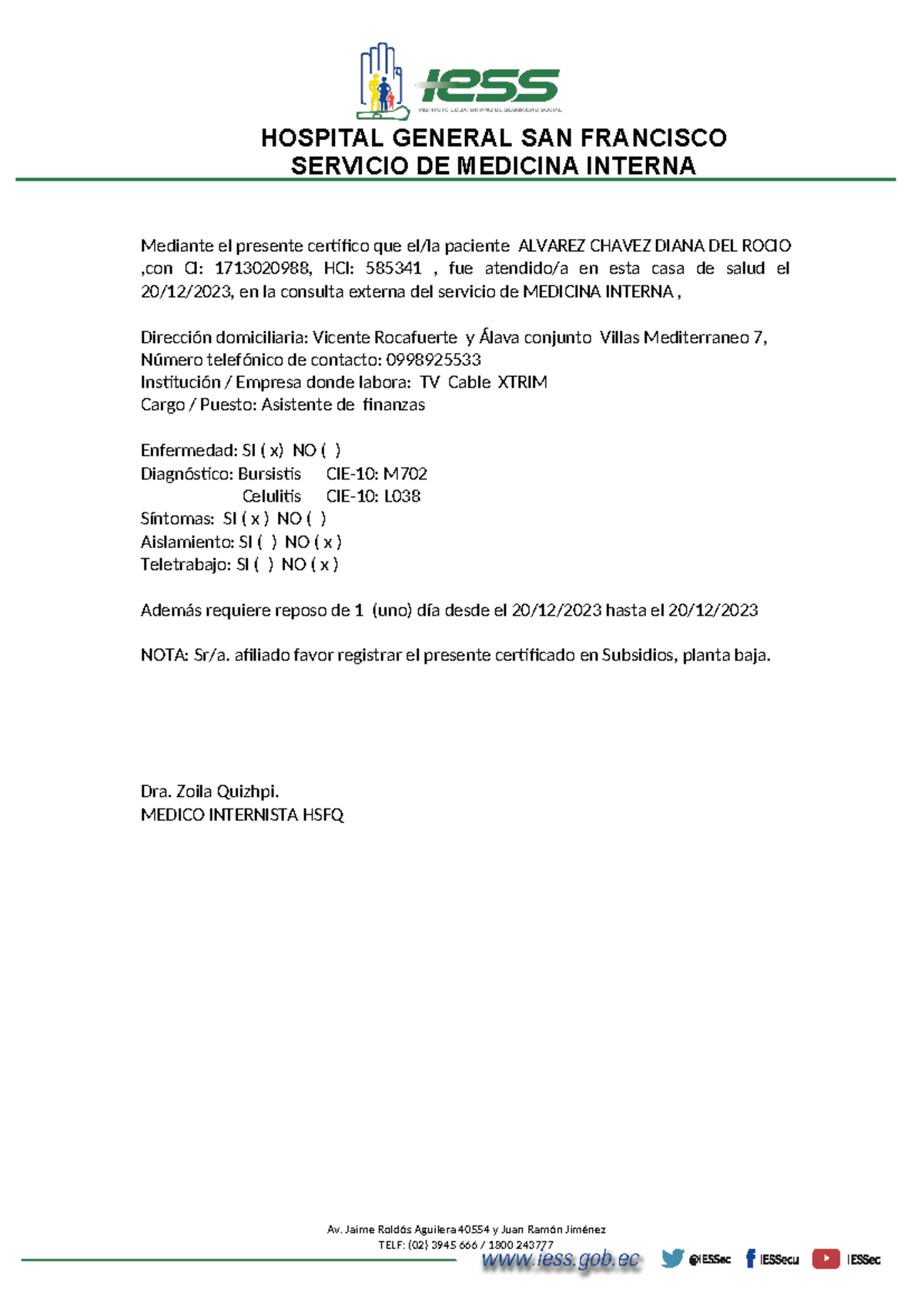 Formato Certificado Medico Reposo - HOSPITAL GENERAL SAN FRANCISCO ...