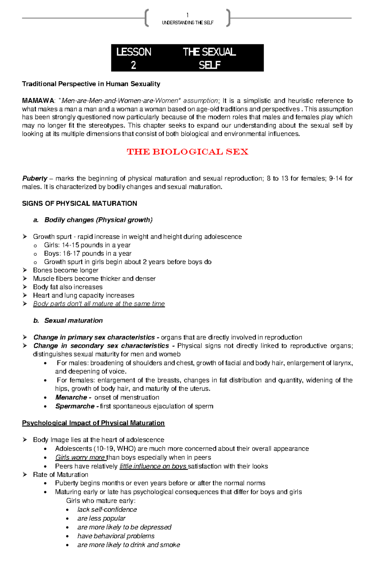Sexual-SELF - archaeopatryx - UNDERSTANDING THE SELF LESSON 2 THE SEXUAL SELF Traditional - Studocu