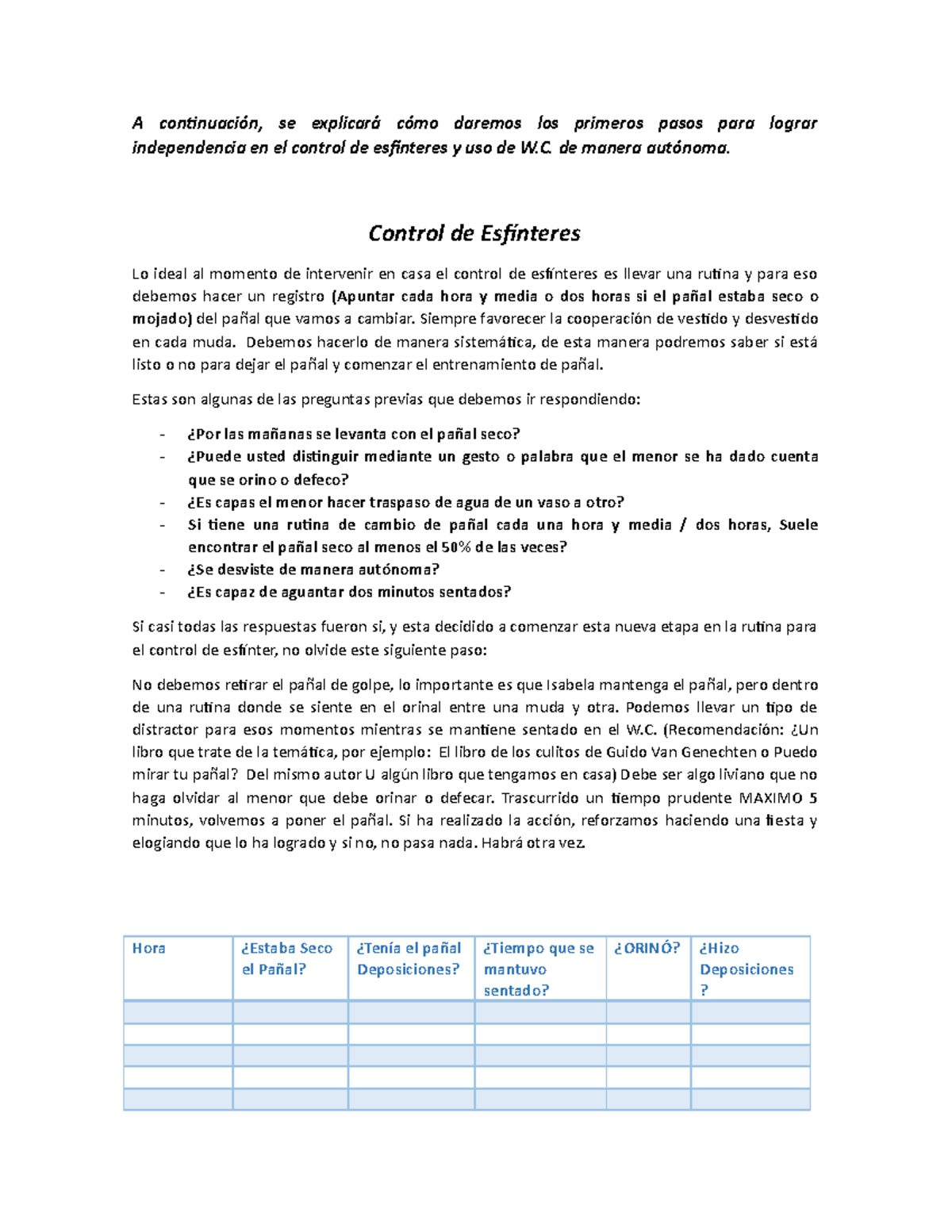 Control de Esfinteres - A continuación, se explicará cómo daremos los ...
