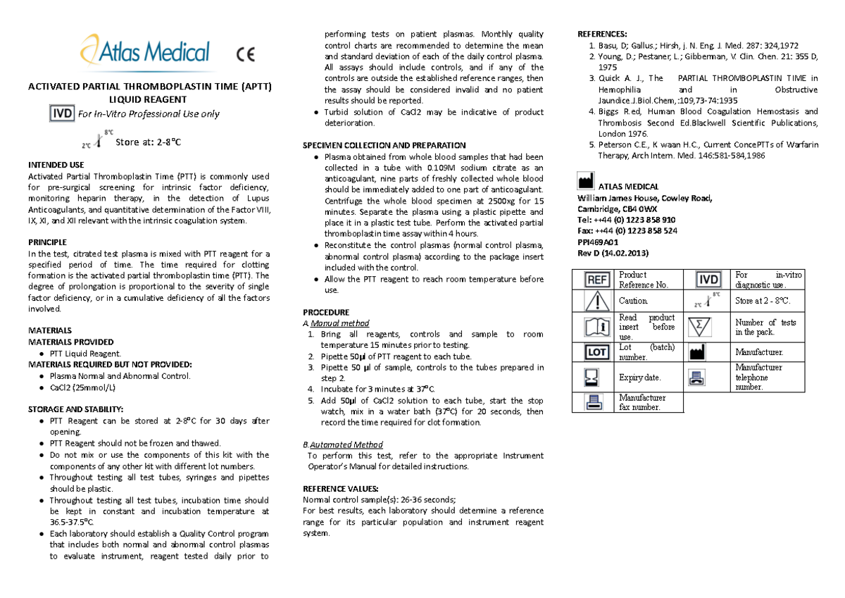 APTT (PTT) Micronised Silica Platelet Substitute, Liquid Package Insert ...