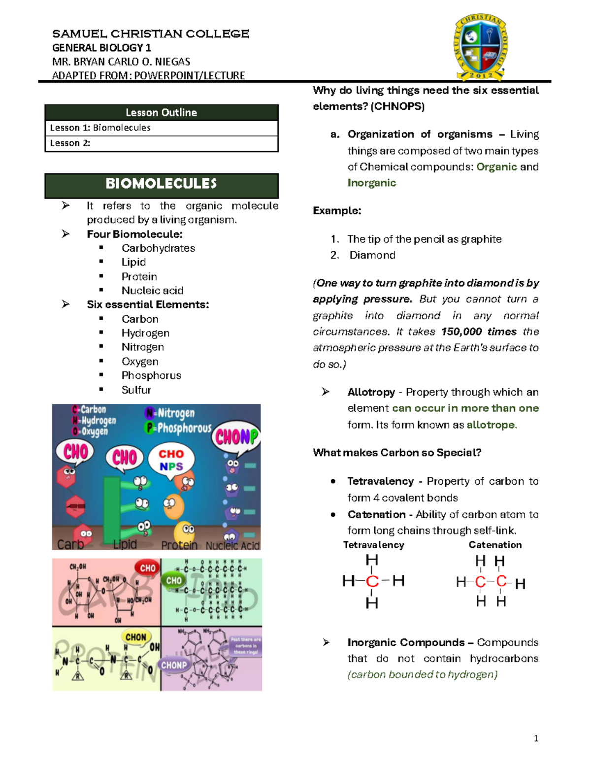 Biomolecules - Notes for Biomolecule topic - GENERAL BIOLOGY 1 MR ...