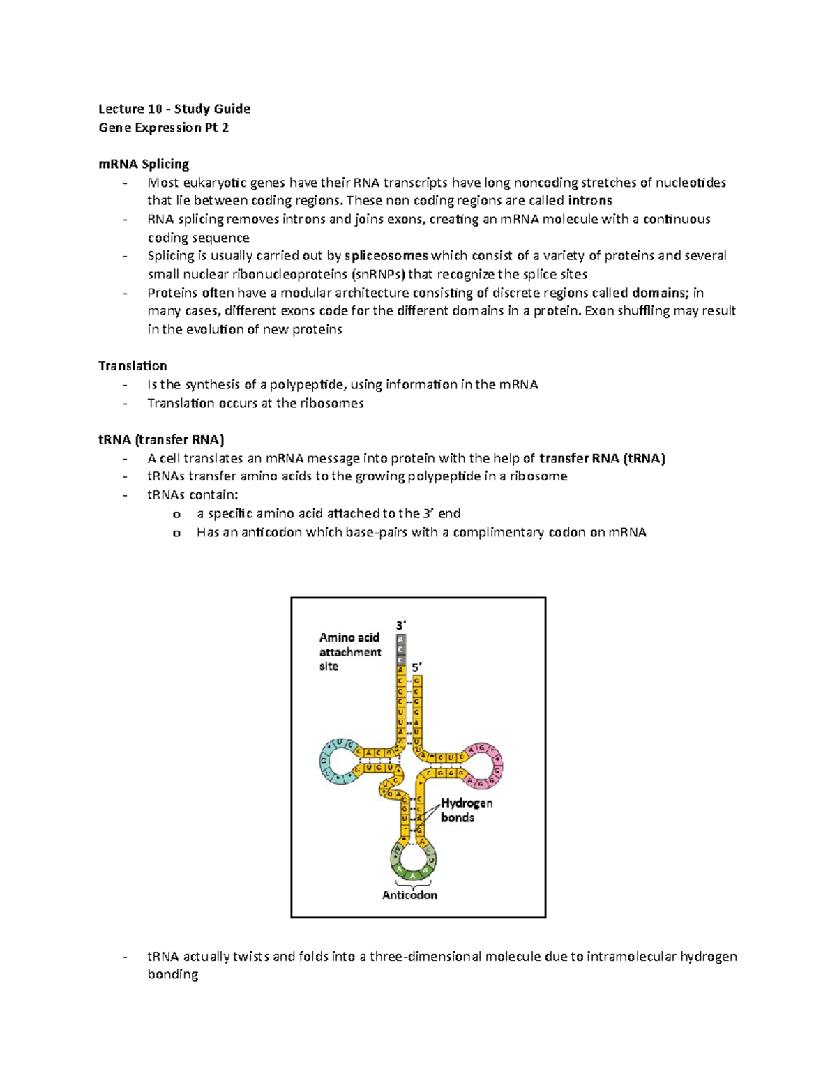 Lecture 10 Study Guide - Lecture 10 - Study Guide Gene Expression Pt 2 ...