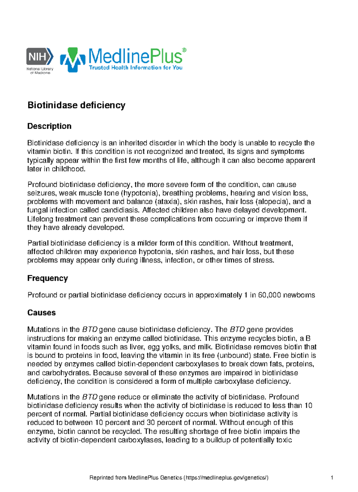 Biotinidase deficiency notes - Reprinted from MedlinePlus Genetics ...