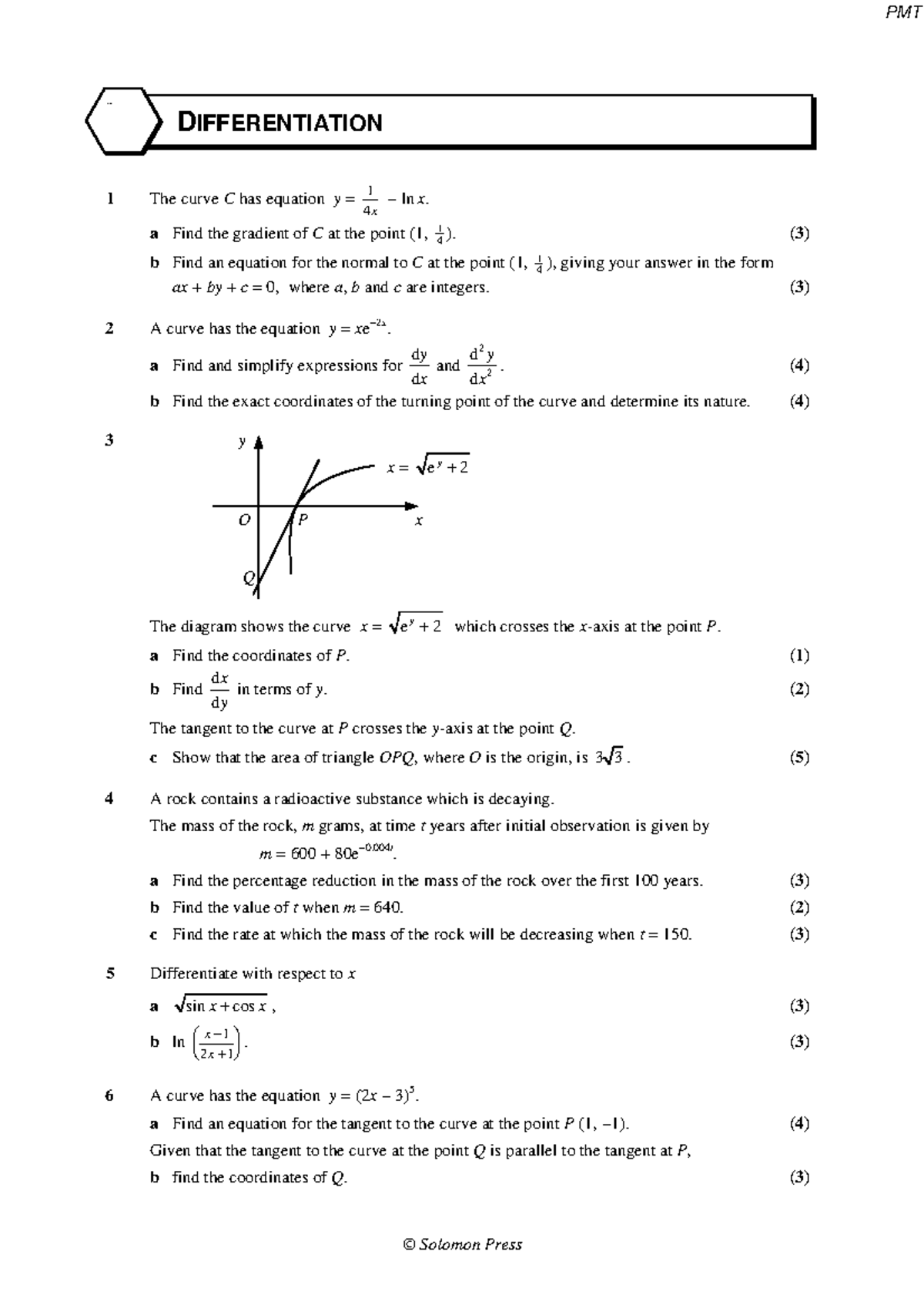 09 01 24 HW differentiation - Solomon Press DIFFERENTIATION 1 The curve C has equation y = 41 x ...