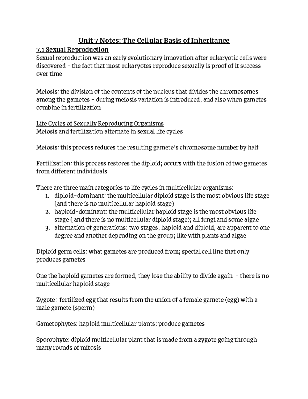 Biology Unit 7 Notes: Sexual Reproduction - Unit 7 Notes: The Cellular ...