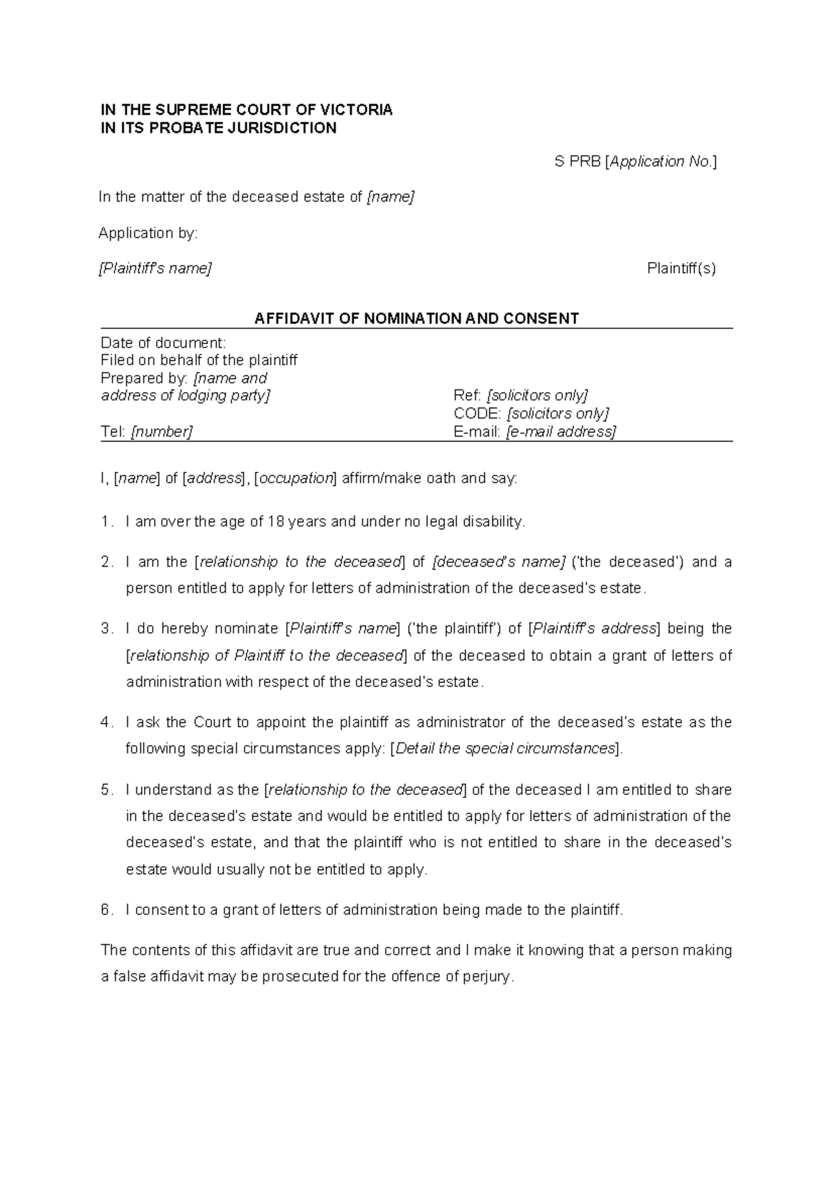 Probate Affidavit of nomination and consent - IN THE SUPREME COURT OF ...