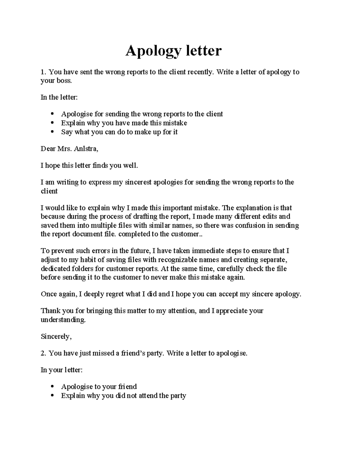Apology letter - Nộp cô trong ngày - Apology letter You have sent the ...