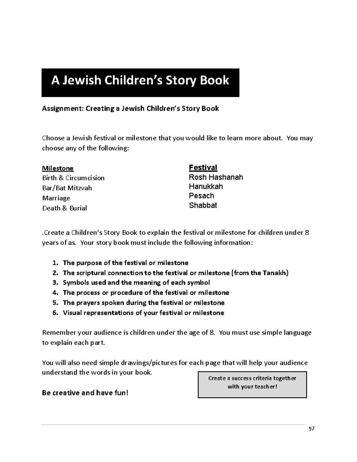 04c Judaism Assignment - 97 Assignment: Creating a Jewish Children9s ...