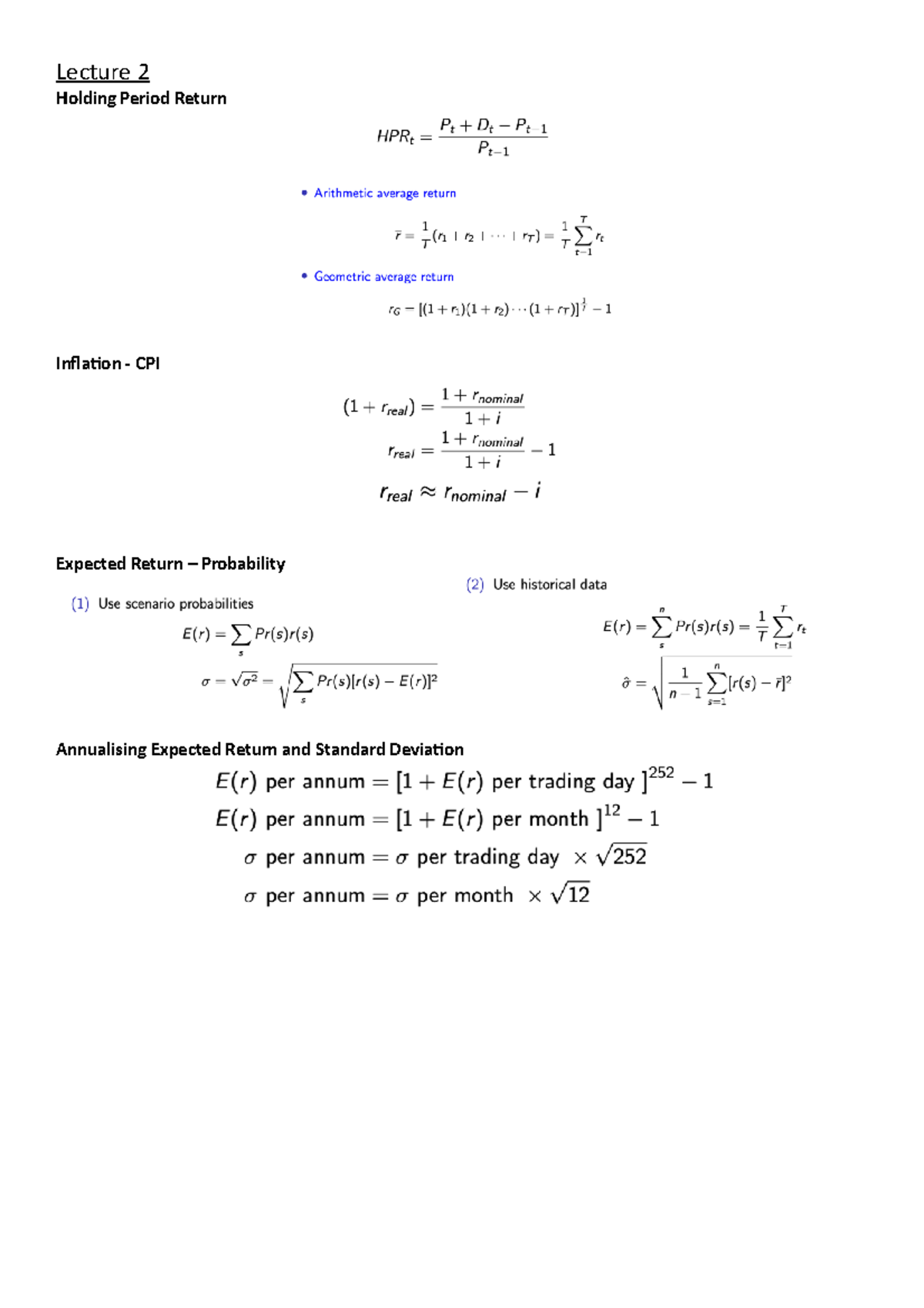 Cheat Sheet - help for exam - Lecture 2 Holding Period Return Inflation ...