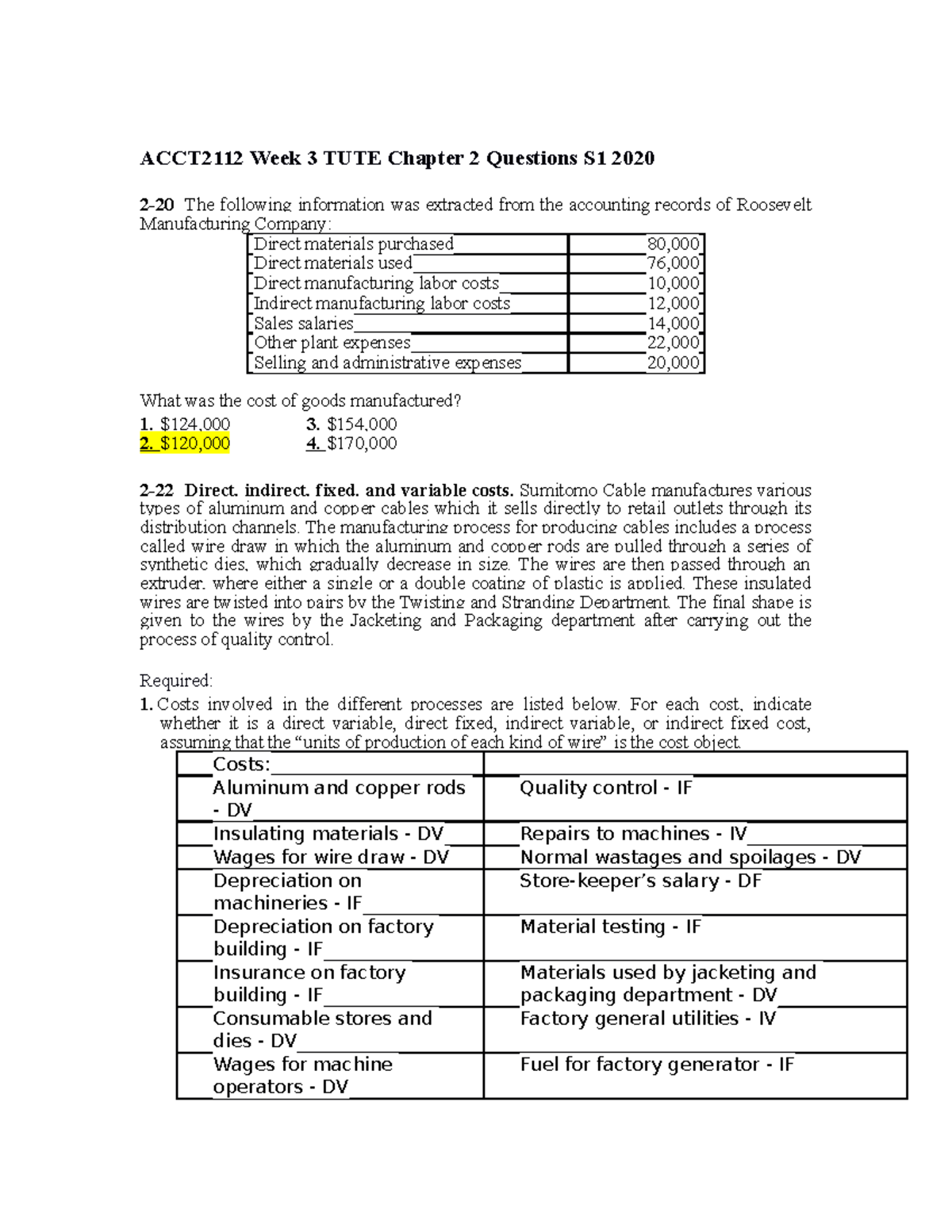 3 ACCT2112 Week 3 TUTE Chapters 2 & 10 Questions S1 2020 - ACCT2112 ...