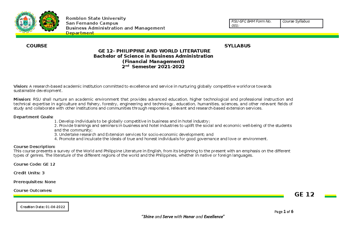 Syllabus-Philippine and World Literature 2022 - COURSE SYLLABUS GE 12 ...