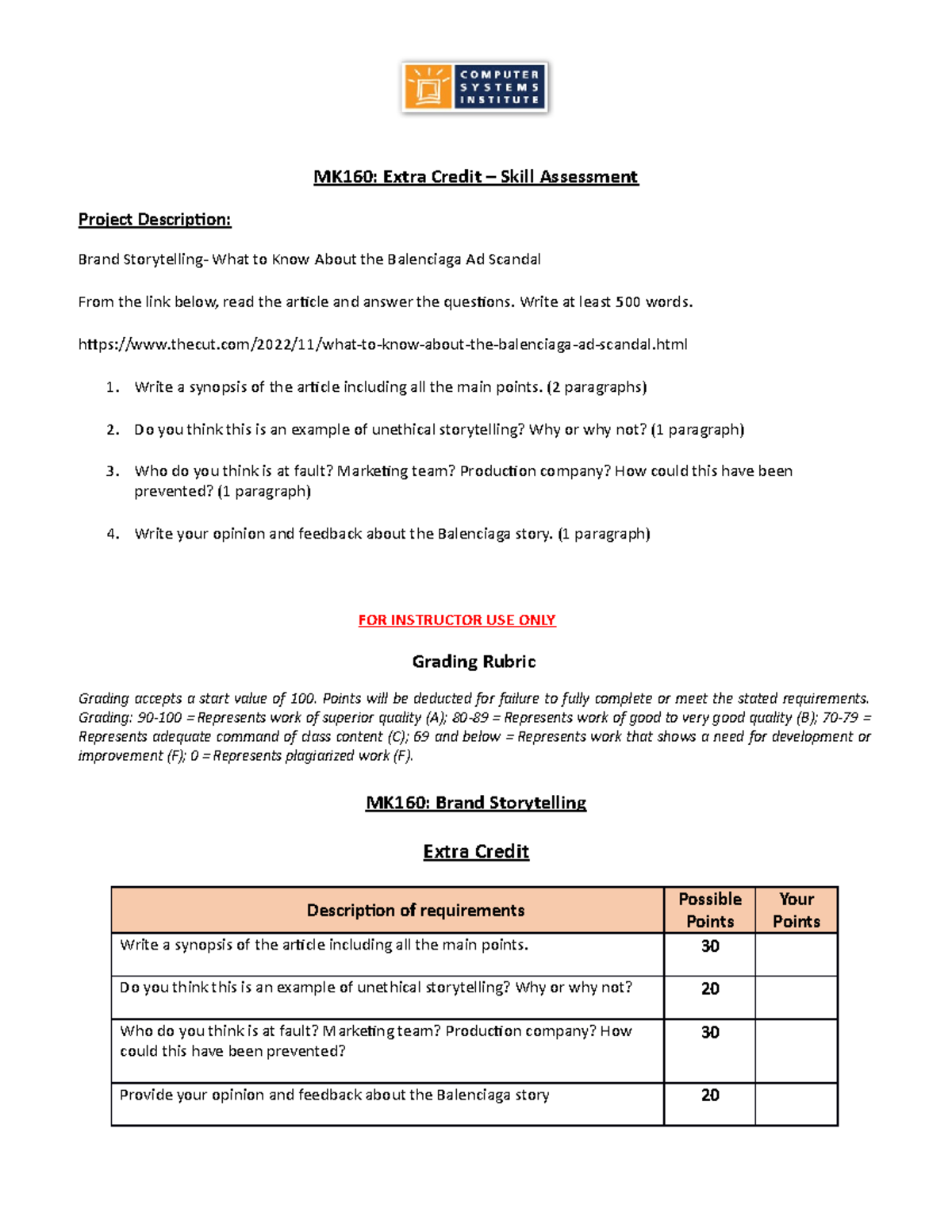 MK160 Extra Credit Fall 2022 - MK160: Extra Credit – Skill Assessment ...
