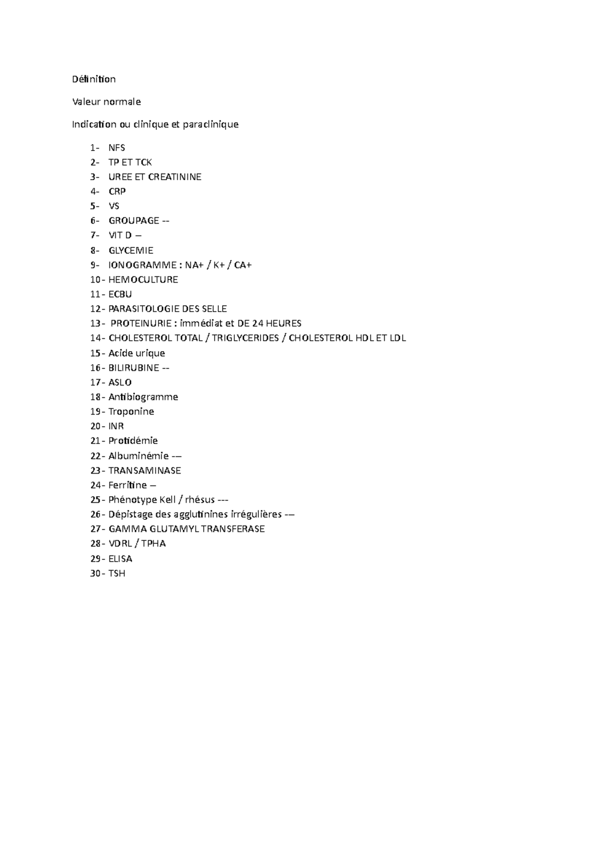 LES examens biologiques - Définition Valeur normale Indication ou ...