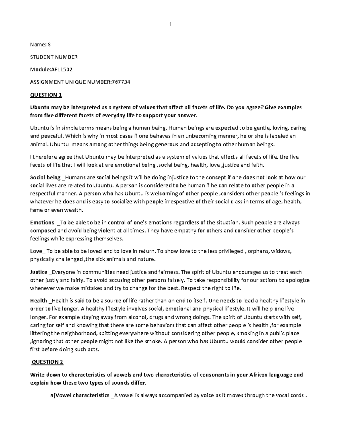 AFL1502 ASS 1 - 100% pass assignment - 1 Name: S STUDENT NUMBER Module:AFL ASSIGNMENT UNIQUE ...