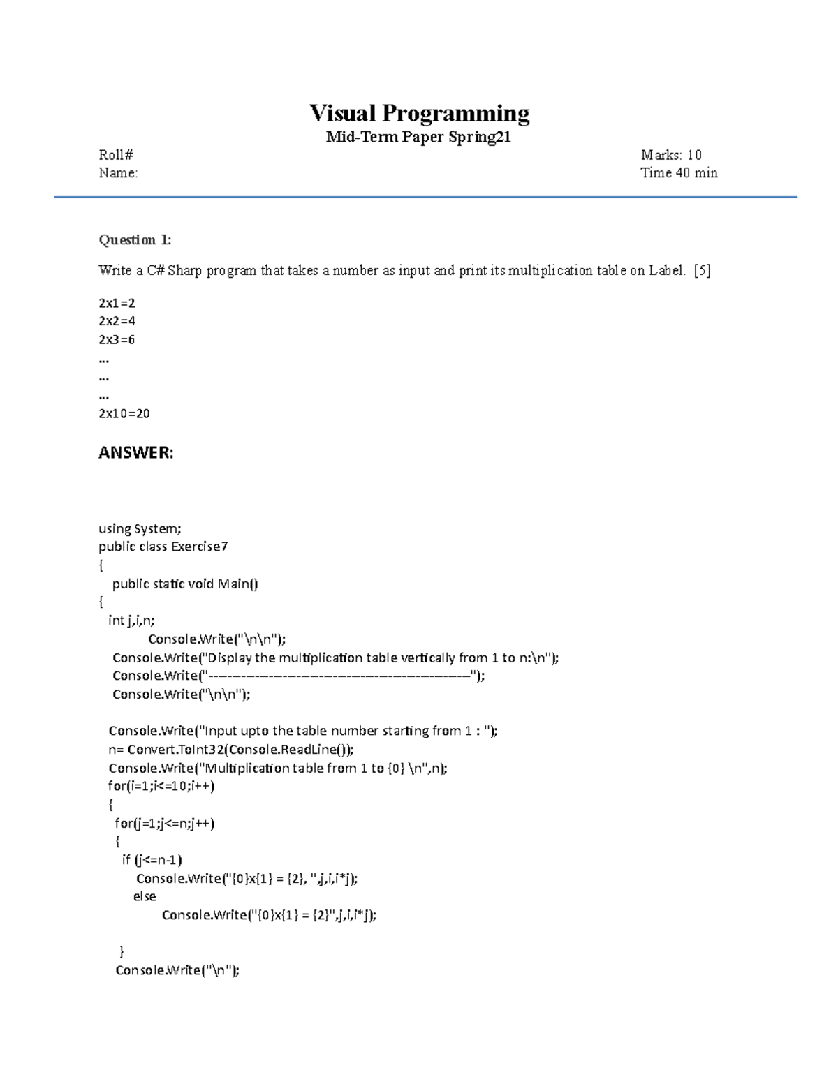 Mid term paper S21 - MY WORK - Visual Programming Mid-Term Paper Spring ...