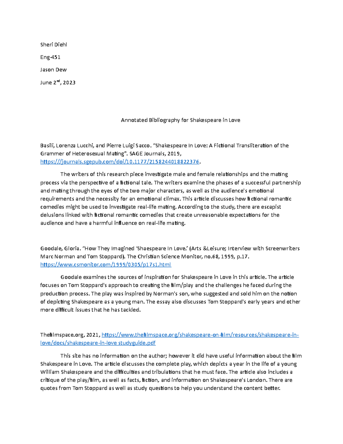 Annotated Bib Eng-451 - Bib - Sheri Diehl Eng- Jason Dew June 2nd, 2023 ...