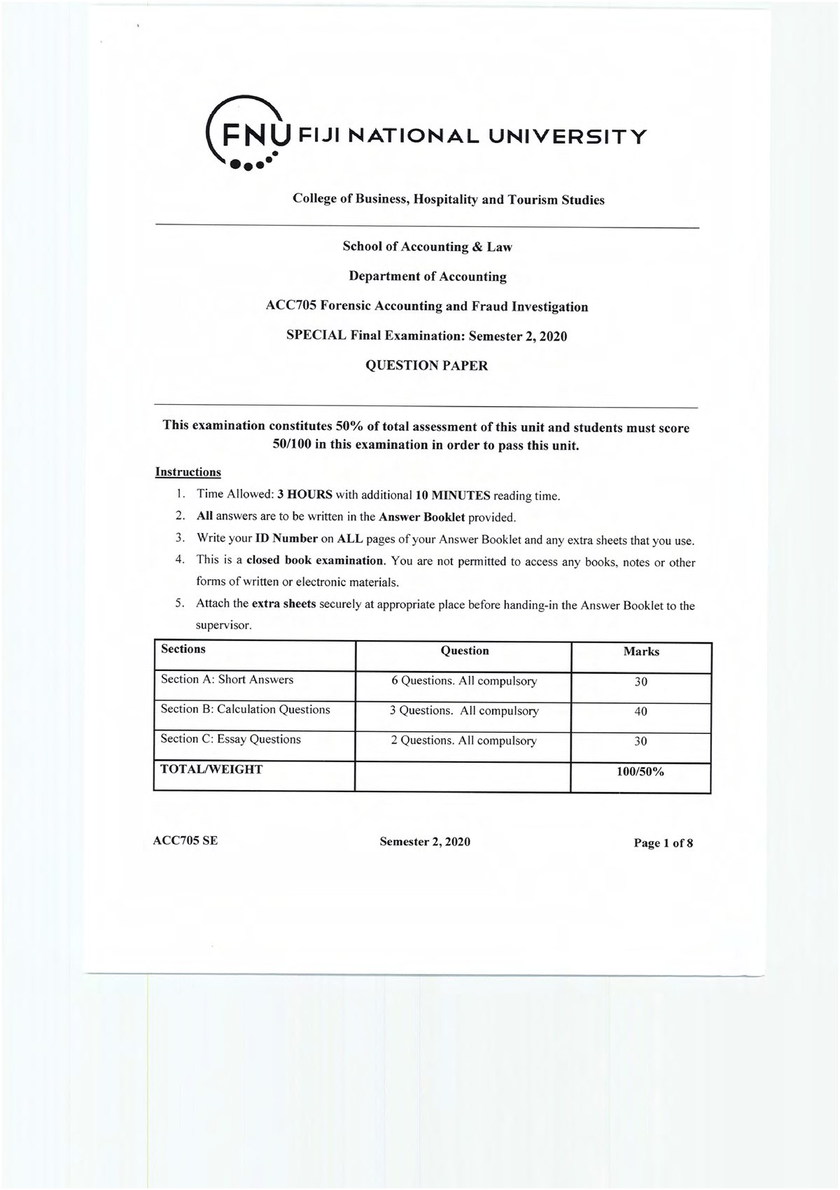 ACC705 - Past exam Paper - Corporate Accounting - Studocu