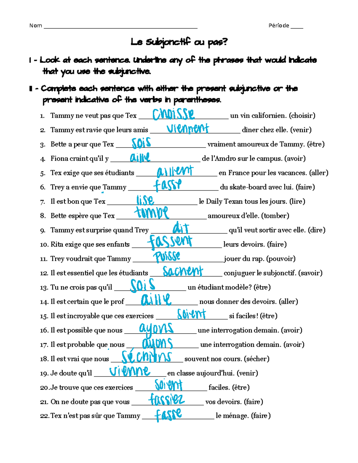 - Subjonctif ou pas - Subjunctive tense practice in French - Nom - Studocu