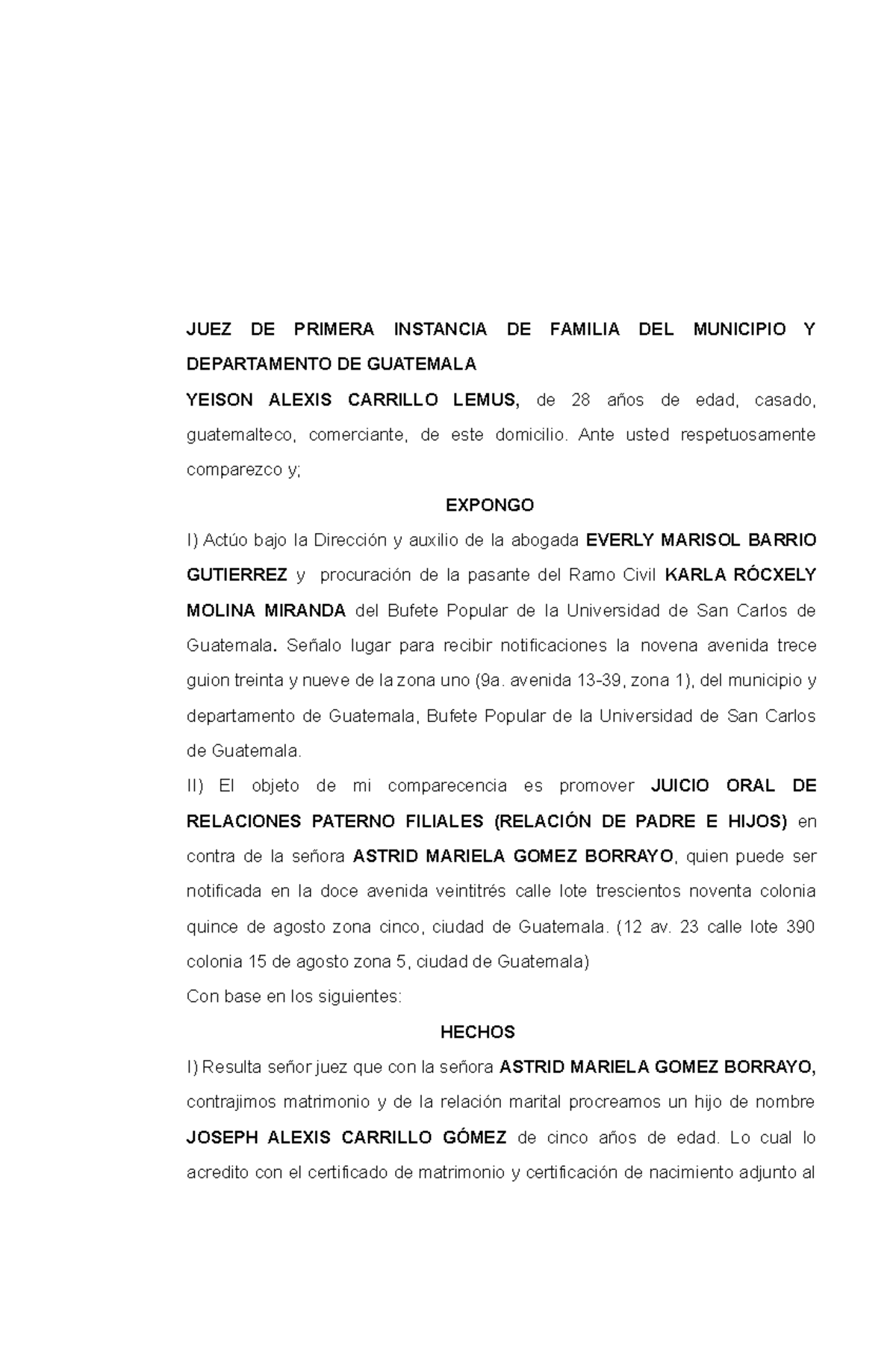 Juicio Oral de Relaciones Paterno Filiales - JUEZ DE PRIMERA INSTANCIA DE FAMILIA DEL MUNICIPIO ...