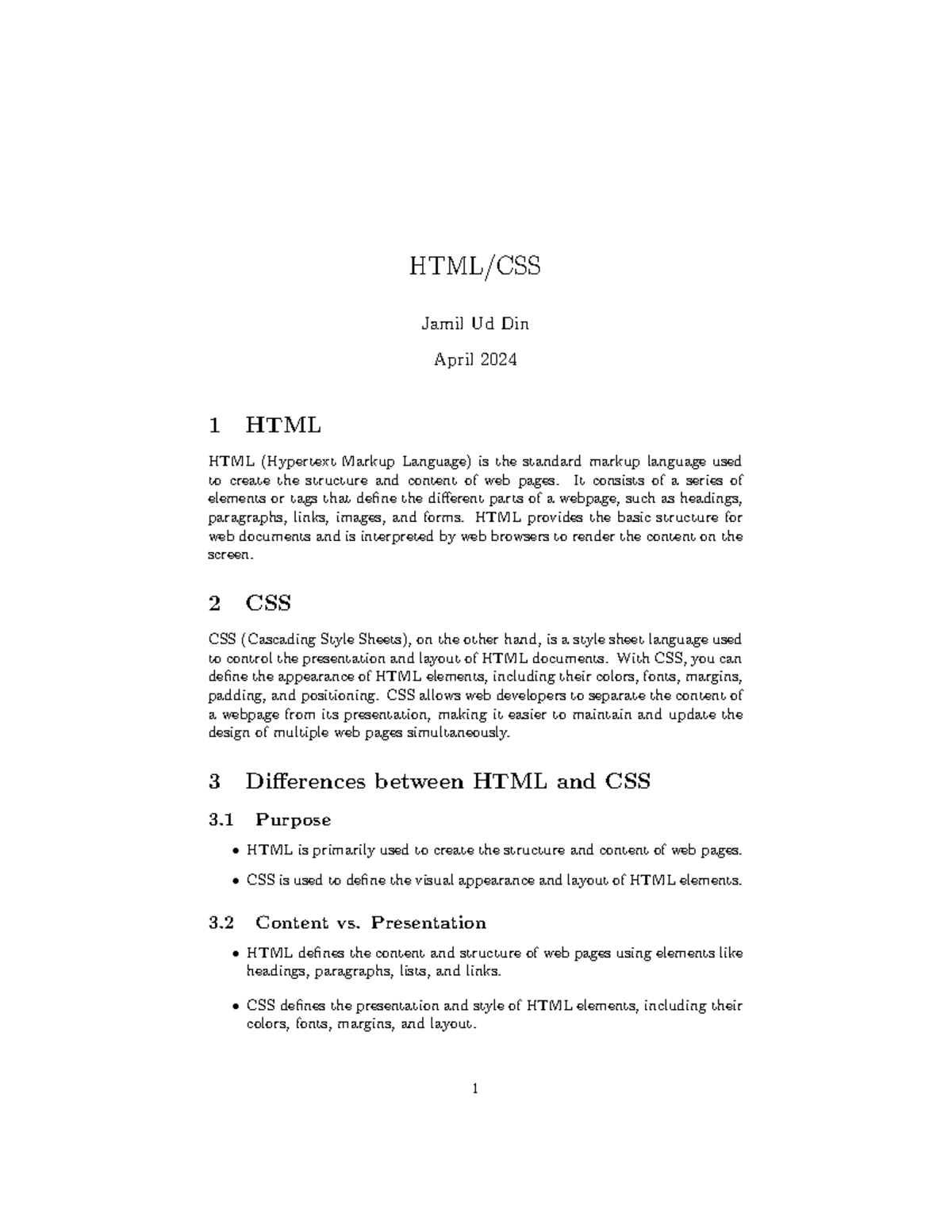 13334 html, css - HTML/CSS Jamil Ud Din April 2024 1 HTML HTML (Hypertext Markup Language) is ...