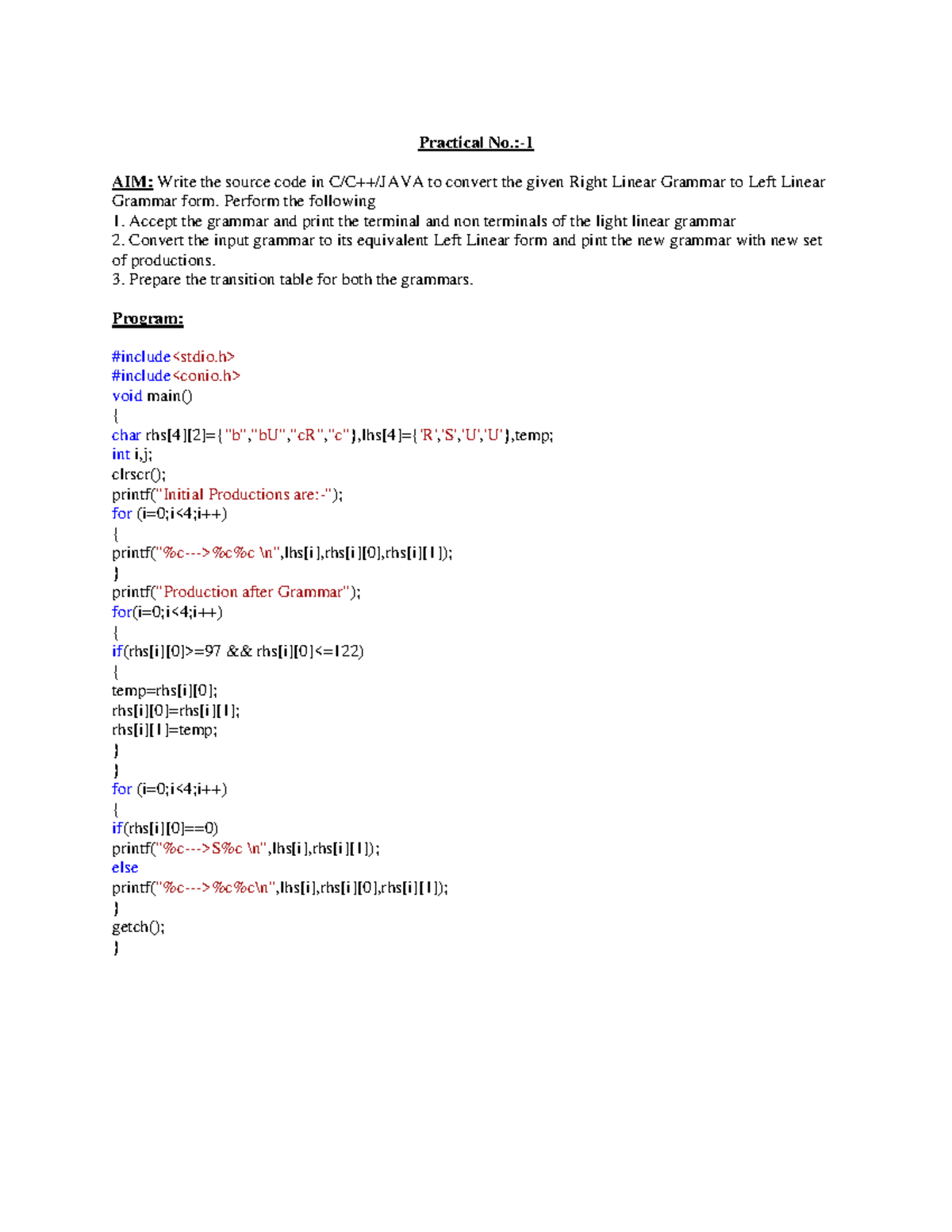 Pdfcoffee Compiler Design - Practical No.:- AIM: Write the source code ...