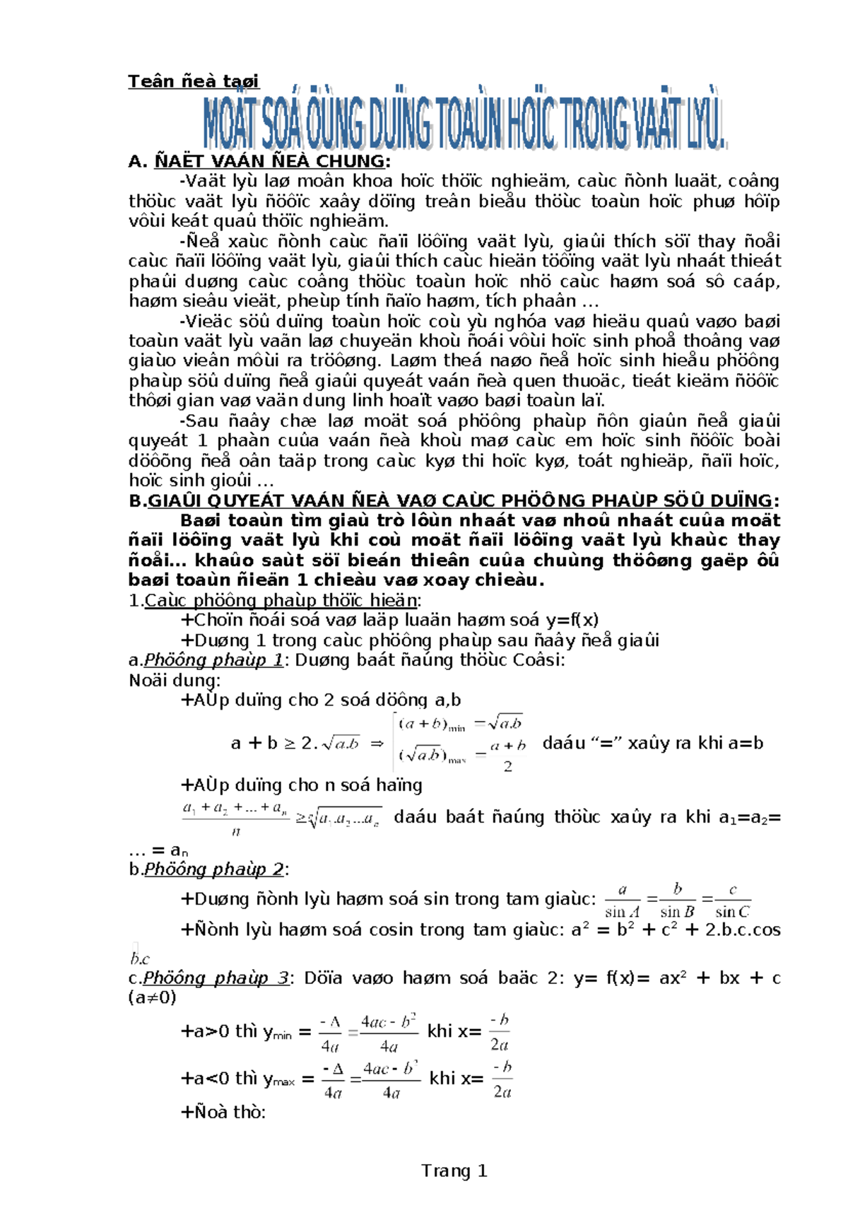 Toan hoc trong Vat ly - Math in physic - Teân ñeà taøi A. ÑAËT VAÁN ÑEÀ ...