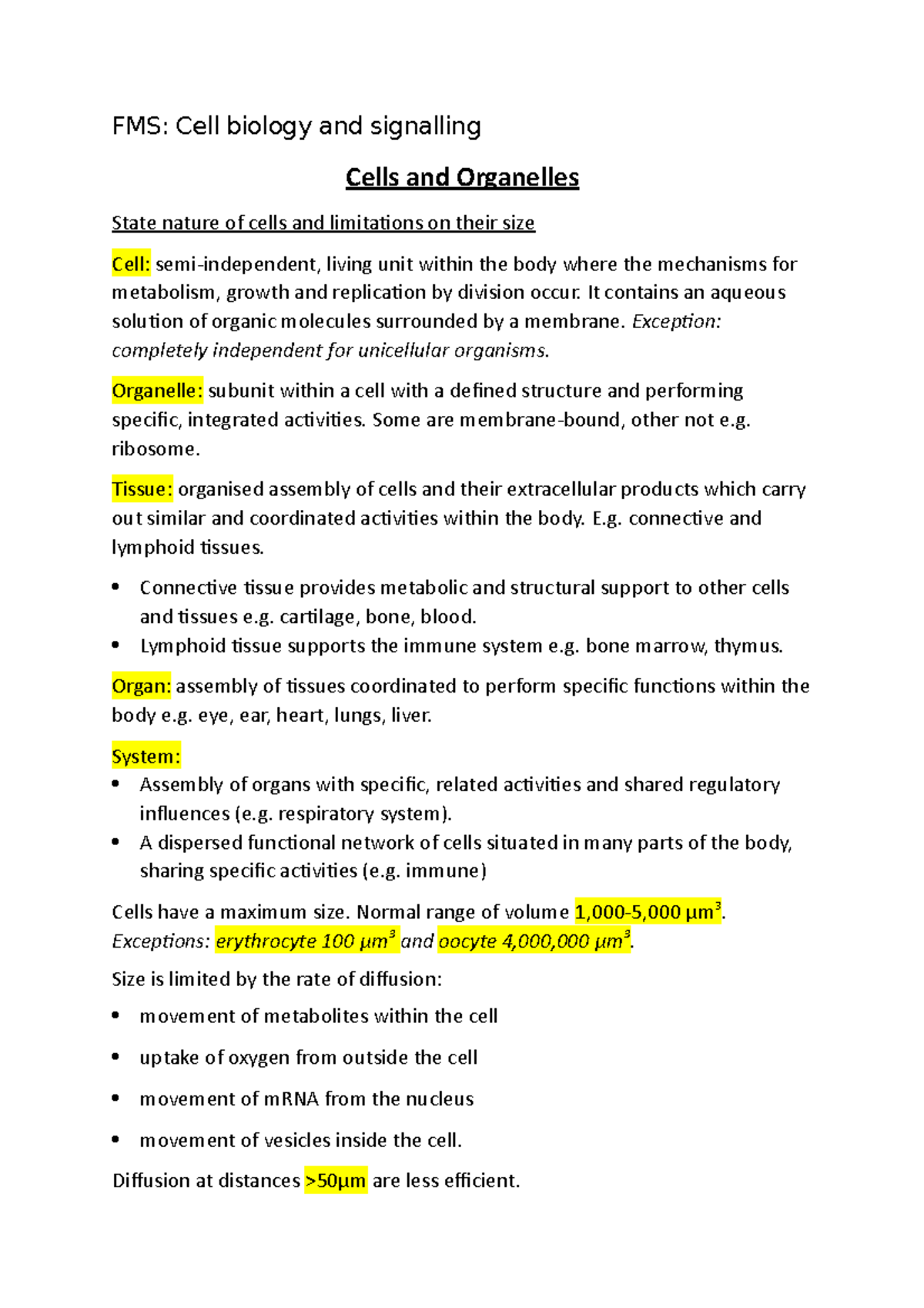 1. Cells and Organelles Notes - FMS: Cell biology and signalling Cells ...